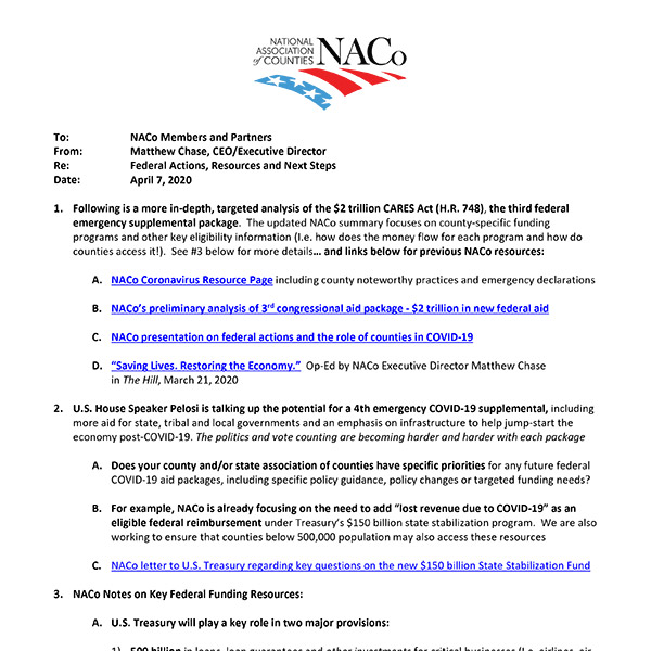 Coronavirus Disease 2019 (COVID-19): County Response Efforts & Priorities